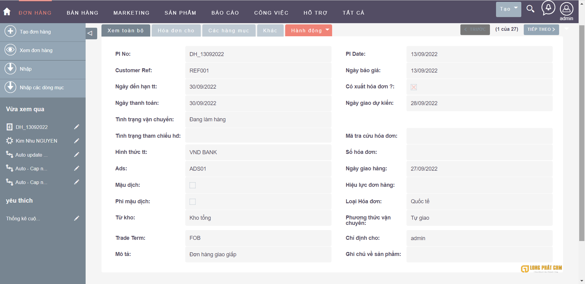 Quản lý đơn hàng trên phần mềm crm online Long Phát đơn giản dễ dùng.