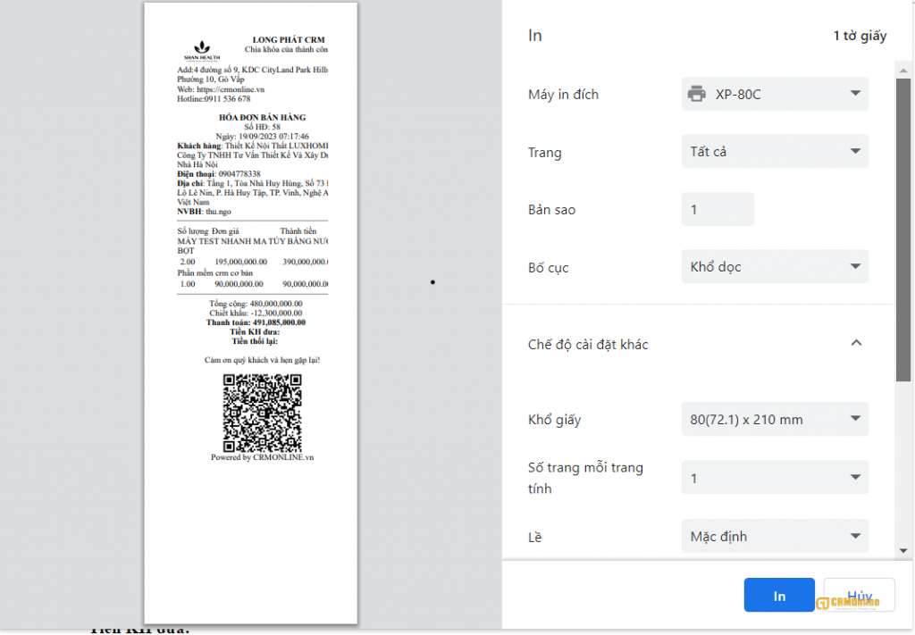 Tích hợp in bill trên crm giúp việc thanh toán đơn hàng dễ dàng.