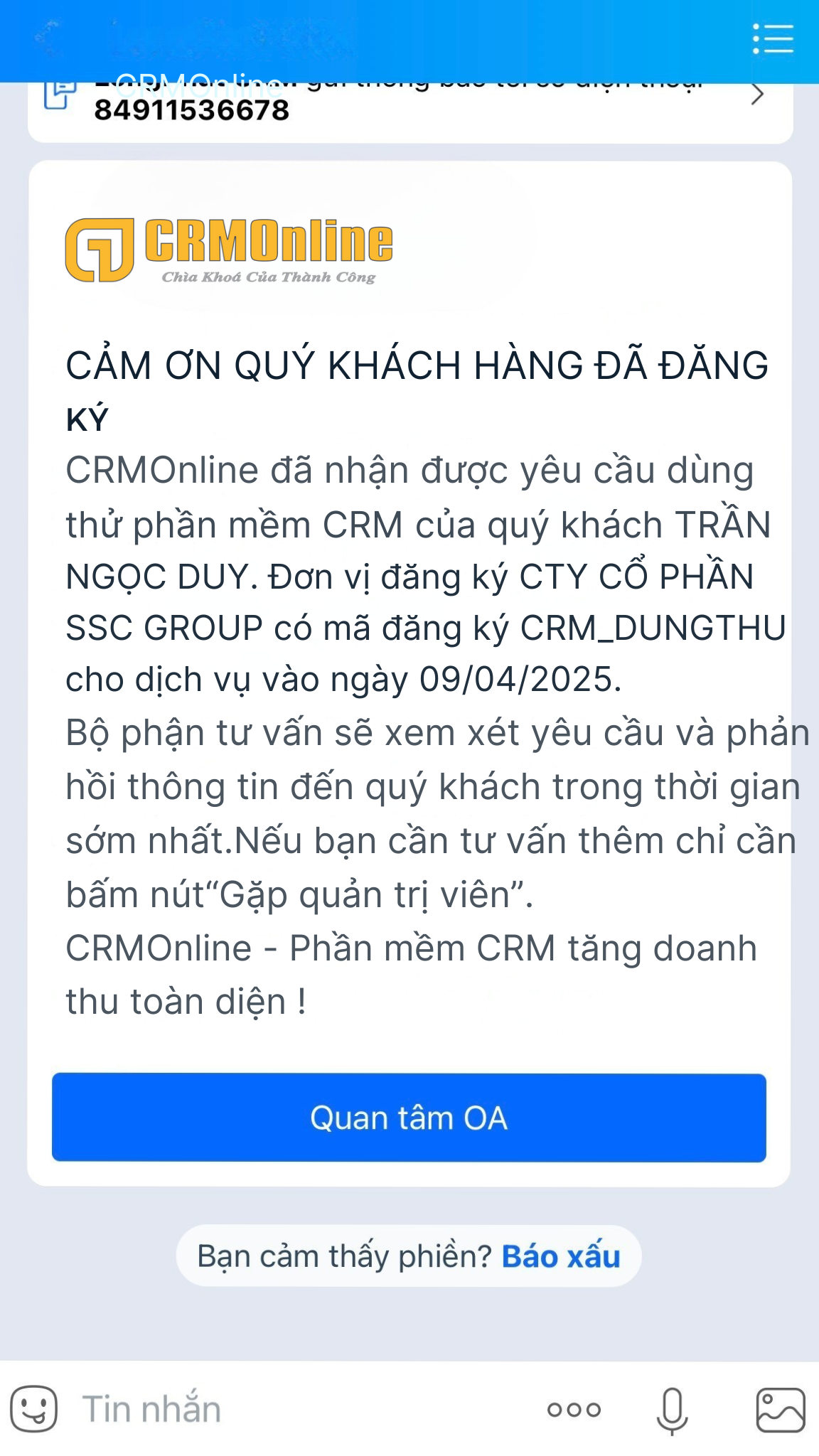 Gửi Zalo OA ZNS trên phần mềm crm - CRMOnline